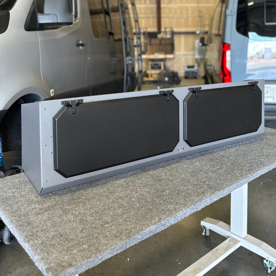 Lost Hiway Overhead Cabinets with the OEM Headliner | Sprinter-Source.com